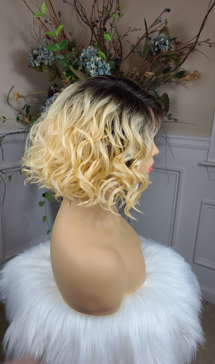 “Casey” Wig - Lace Front wig, human-blend, short & curly, dark brown r ...